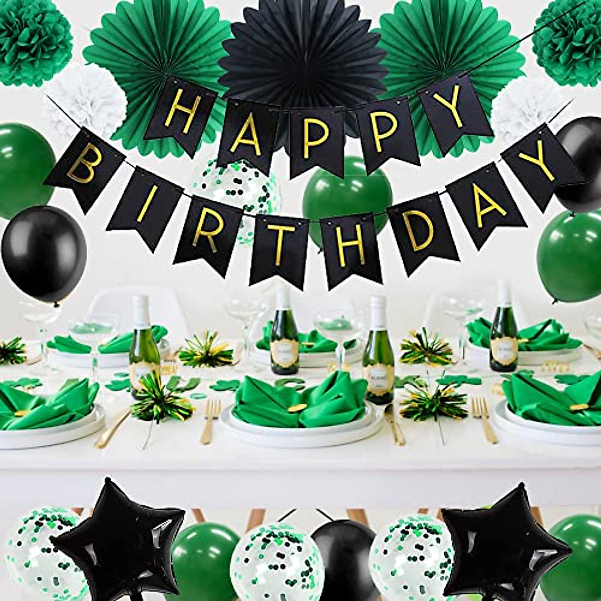 Green Black Birthday Decorations for Men with Happy Birthday Banner Hanging Paper Fans Pom Poms Confetti Latex Balloons Boys Gaming Party Supplies