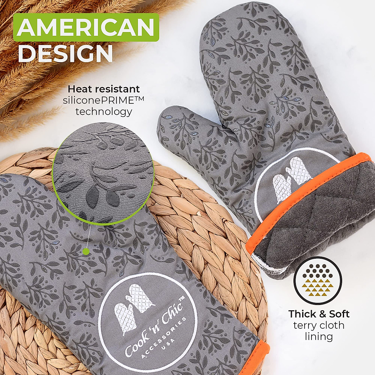 Premium Oven Mitts and Essential Chef's Apron - 500°F Heat Resistant - 30"x34" for Kitchen Cooking Baking - Flexible Soft Terry Cloth Cotton Lining