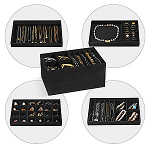 ProCase Stackable Jewelry Organizer Trays for Drawers, Jewelry Drawer Inserts Container Display Case Storage for Earring Necklace Rings Bracelet with Removable Dividers -Allblack, 4 Layers