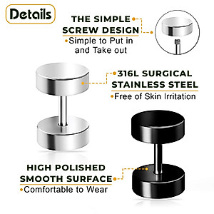 BIG GAUGES 2 Pairs Stainless Steel 16g Gauge 1.2mm Fake Plugs Black Anodized Piercing Jewelry Earring Lobe Screw Studs BG0671