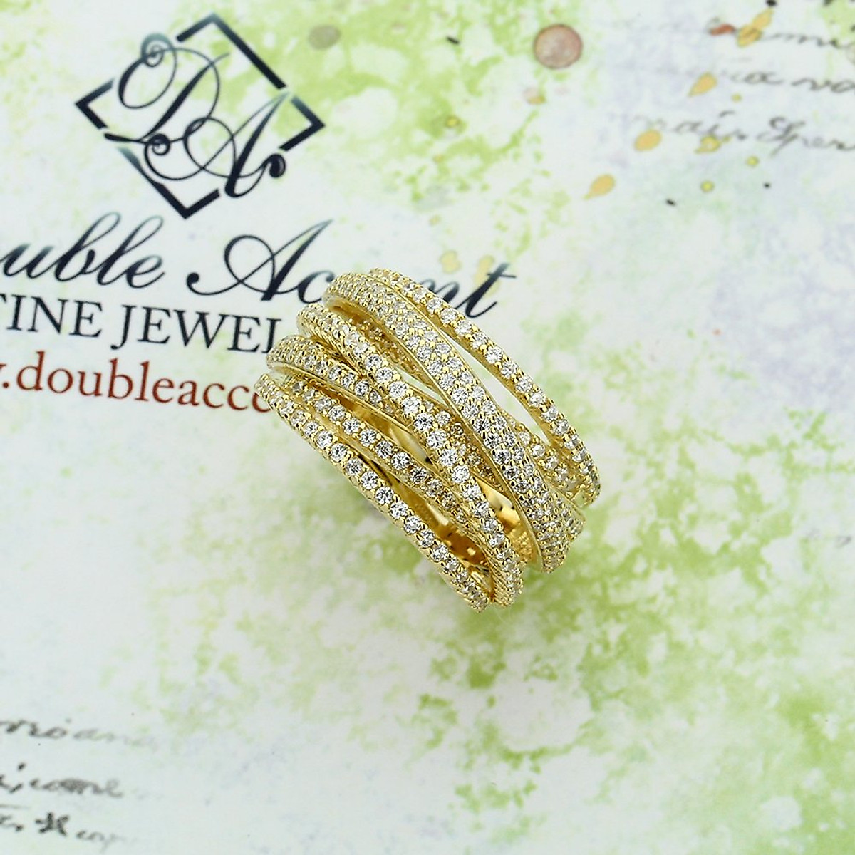 DoubleAccent 925 Sterling Silver Ring Women 14K Gold OR Rose Gold Plated Intertwined CZ Stone Pave CrissCross Statement Ring 13.5mm, 9