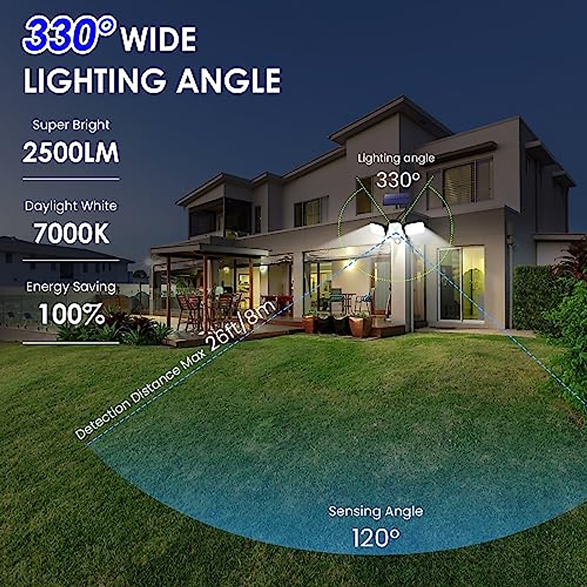 Solar Outdoor Lights, [2 Packs] 225 LED 3 Head Adjustable Motion Sensor Lights, 2500LM 330° Wide Angle Solar Flood Lights, IP65 Waterproof Wall Lamp Security Lights With 16.5Ft Cable for Garden Yard