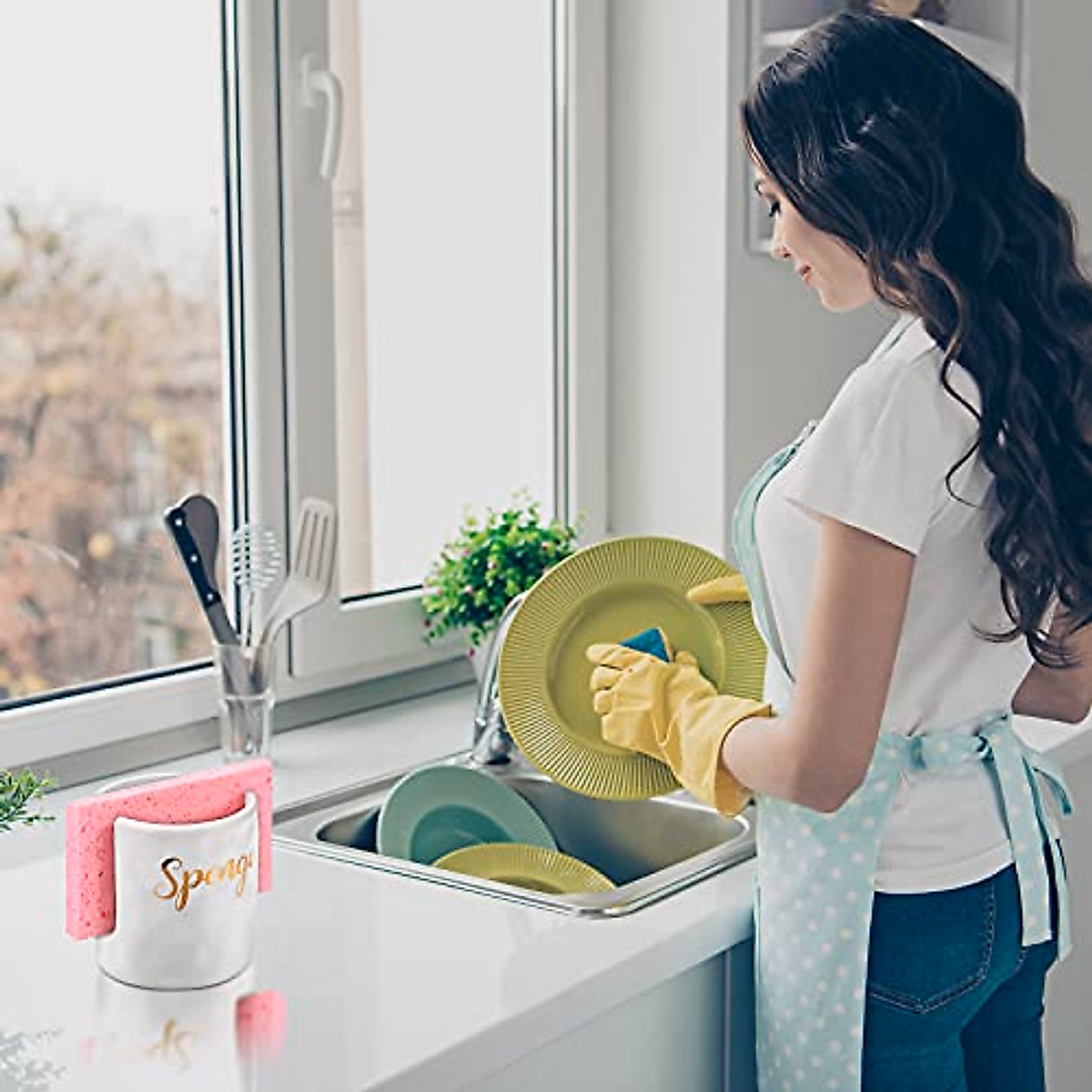 Sponge Holder for Kitchen Sink Ceramic Sponge Holder Kitchen Ceramic Farmhouse Kitchen Counter Sink Organizer Accessories with 3 Pieces Pink Sponge