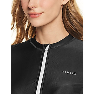 ATHLIO Women's Half-Zip Front Rash Guard, UPF 50+ Side Adjustable Long Sleeve Swim Shirts, UV/Sun Protection Swimsuit Top, Half Zip Rashguard Black, Medium