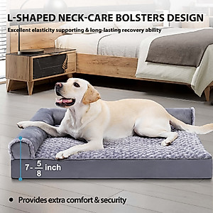 MIHIKK Orthopedic Dog Couch Bed Deluxe Plush L-Shaped with Waterproof Lining Bolster Dog Sleeping Sofa with Removable Washable Cover & Nonskid Bottom Pet Bed for Medium Large Jumbo Dogs, Gray