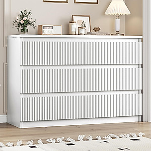 Jocoevol White Dresser 6 Drawer Dresser for Bedroom, Modern Fluted Dresser with Deep Drawers, Large Double Wooden Dresser Chest of Drawers for Living Room, Hallway, Entryway (White)