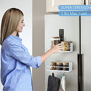 2 Pack - Magnetic Spice Rack, Fridge Organizer Shelf, Side Wall Refrigerator Storage for Spices, Utensils or Plates, Works as Towel Holder with Hooks, Organization for Home and Kitchen (White)