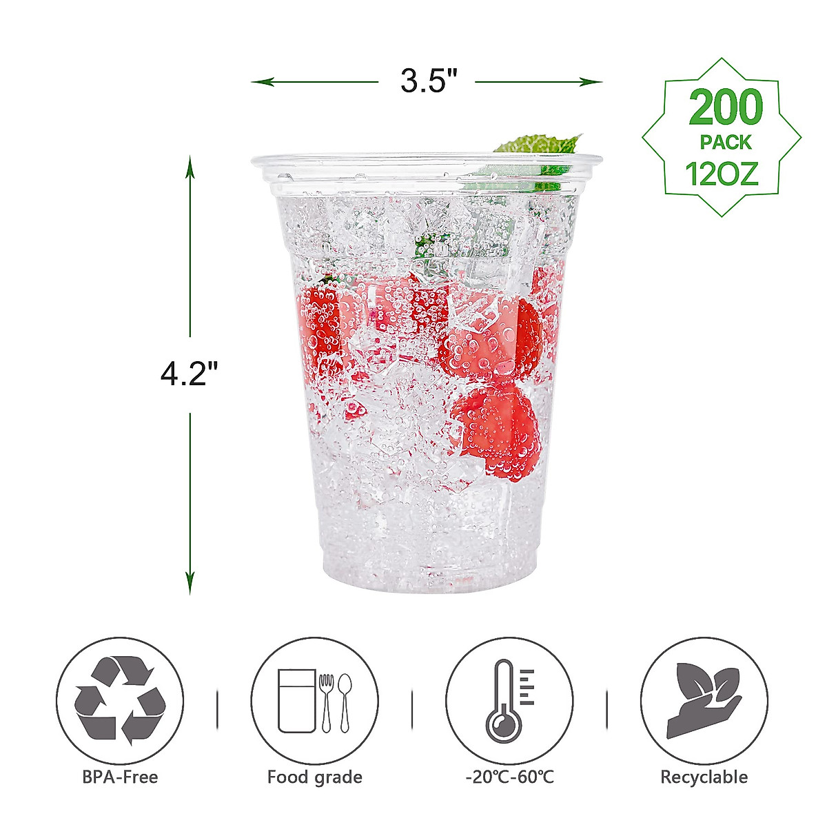 Lullaby 200 Pack Disposable Clear Solo Cups, 12oz Crystal Clear Plastic Cups Bulk, PET Drinking Cup for Water, Juice, Soda, Ice Coffee, Ideal for Party, Wedding and Daily Use