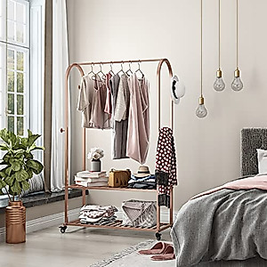 Modern Clothing Rack on Wheels Gold Display Rack with 2-tier Shelf Metal Hanging Rack Gold Clothes Rack for Boutique, Retail or Home -rose gold