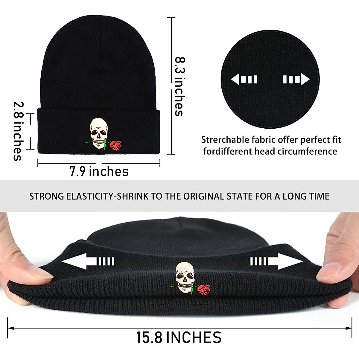 FUNCOOLCY Skull and Rose Soft Slouchy Beanie Hat,Winter Warm Knit Cuffed Skull Cap for Men Women