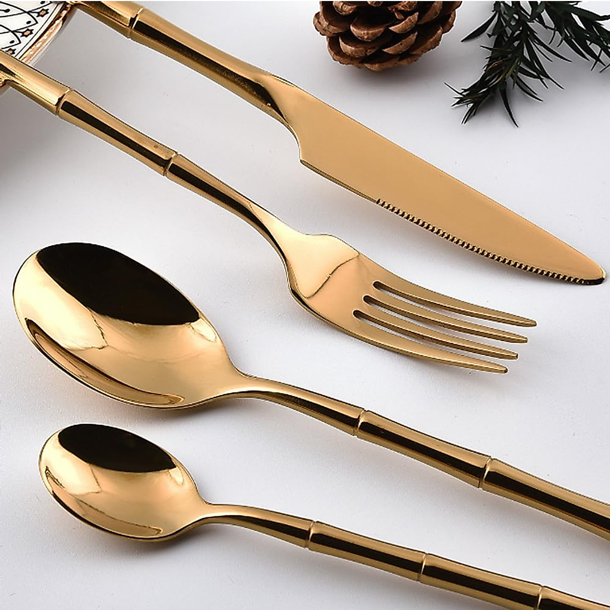 60 Piece Bamboo Shaped Flatware Set Service for 12, 18/10 Stainless Steel Rose Gold Bamboo Handle Silverware Cutlery Set For Home Kitchen Hotel Utensils, Mirror Polished, Dishwasher Safe