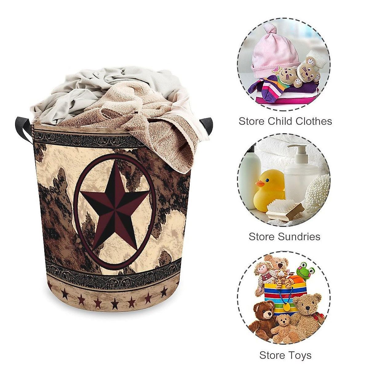 Rustic Western Country Texas Star Cowboy Cowgirl Round Laundry Hamper Storage Basket Waterproof Coating Organizer Bin For Clothes Toys
