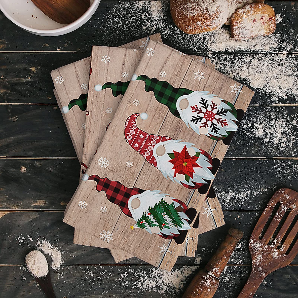 Christmas Kitchen Towels,Merry Christmas Buffalo Plaid Farm Gnomes Snowflake Pine Tree Super Soft 16x28 Inches Dish Cloth,Cotton Absorbent Tea Towels/Bar Towels/Cleaning Cloths/Hand Towels,(2 Pack)