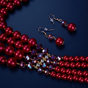 Aimimier 1920s Flapper Faux Pearl Strand Necklace and Earrings Set Boho Vintage Layered Long Chunky Crystal Stacked Choker for Women