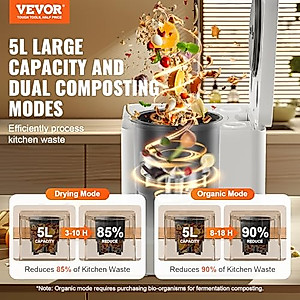 VEVOR Electric Composter for Kitchen, 5L Large Smart Countertop Compost Bin Indoor, Odorless Quiet Electric Kitchen Food Recycler with Upgraded Motor/Auto-Cleaning/2 Composting Modes/Safe Child Lock