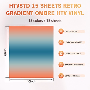 HTVSTD Gradient HTV Heat Transfer Vinyl - 15 Sheets 12 x 10 Inches Retro Patterned HTV Vinyl Ombre Heat Transfer Vinyl for T-Shirts DIY Iron on Vinyl Compatible with Sillhoutte Cameo and Cricut