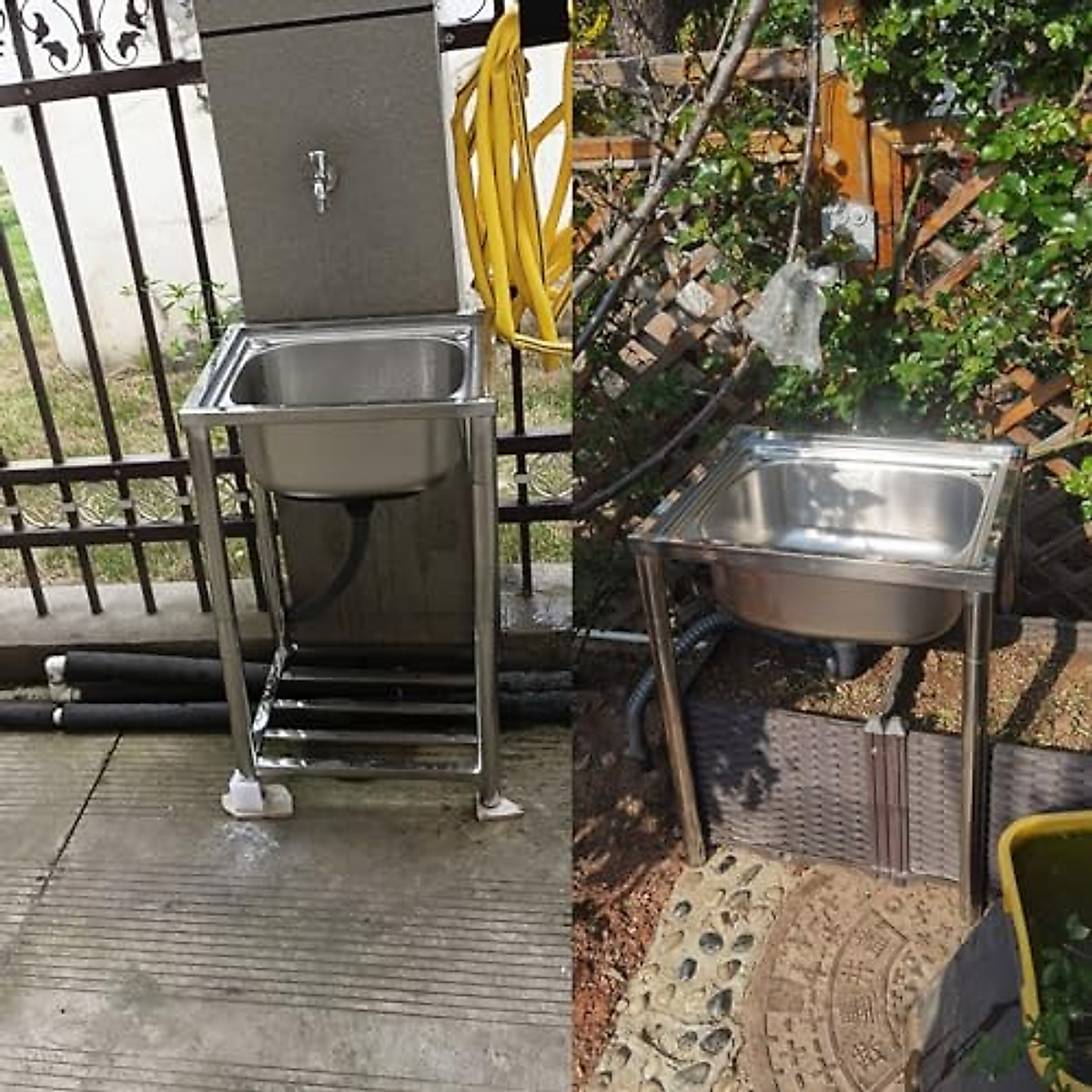 Stainless Steel Utility Sink, Single Bowl Free Standing Kitchen Sink, 1 Compartment Outdoor Garden Sink, Commercial Restaurant Sink Set with Drainer Unit, for Garage, Laundry (Color : Hot Cold taps,