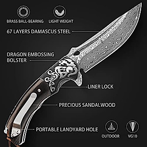 LOTHAR Damascus Pocket Knife for Men, Handmade Forged VG10 Damascus Folding Knife with Clip and Retro Leather Sheath, Men Gifts for Birthday, Anniversaries, Christmas Stocking Stuffers for Men (Black Sandalwood)