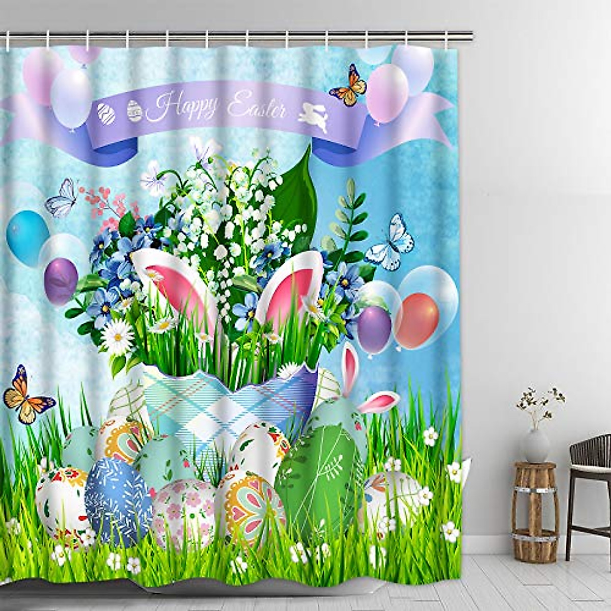 Ikfashoni 4 Pcs Easter Shower Curtain Set with Non-Slip Rugs, Toilet Lid Cover and Bath Mat, Spring Floral Shower Curtains with 12 Hooks, Rabbit Bunny Egg Shower Curtains for Bathroom