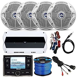 Milennia Infinity AM/FM/WB Tuner AUX USB Bluetooth, 4X 6.5 180W Peak Dual Cone Boat Stereo Speaker (White), 4-Channel Amplifier w/Kit, Speaker Wire, Antenna, USB/AUX Interface
