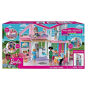 Barbie Doll House Playset, Malibu House with 25+ Themed Furniture & Accessories, 6 Rooms Including 2-In-1 Transformations