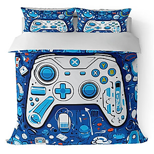 Placitiume Teen Boys Gamer Comforter Cover Set - Gaming Bedding Set with Gamepad Design Duvet Cover Set, Video Game Theme 3 Piece Set with 2 Pillowcases for Bedroom Bed Decor, No Comforter