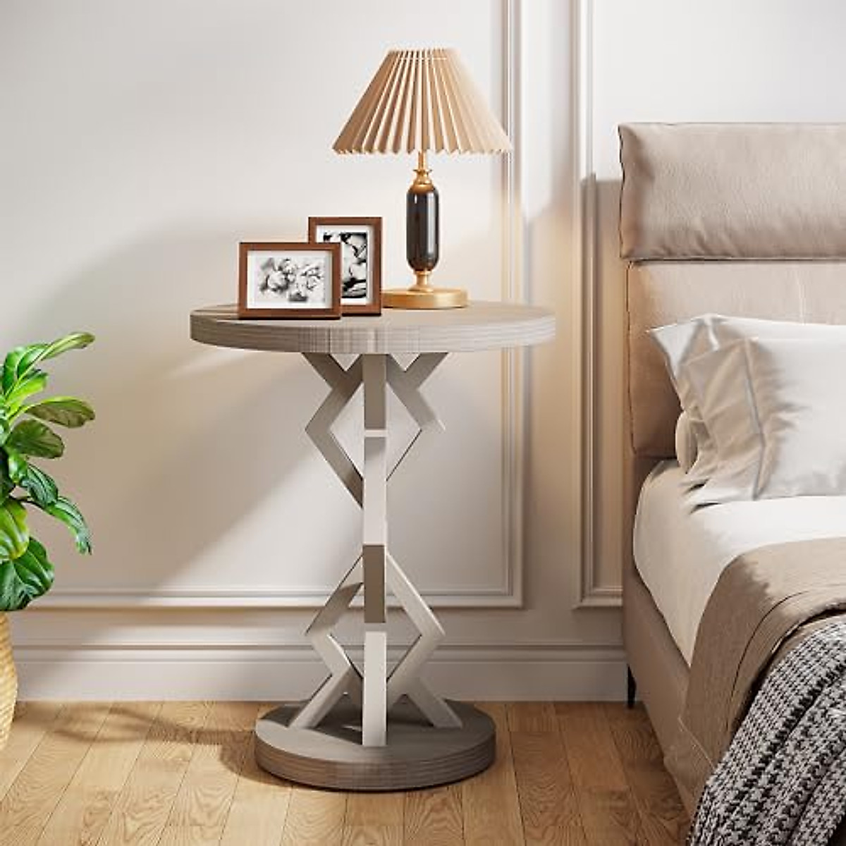 Tribesigns Set of 2 Round End Table, 2-Tier Wood Side Table with Pedestal, Modern Nightstand Bedside Table Coffee Accent Table for Living Room Bedroom & Small Space, Gray (2)