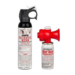 SABRE Frontiersman MAX 9.2 oz. Bear & Mountain Lion Attack Deterrent, Up to 40 ft Range, Contains 2% Major Capsaicinoids + Frontiersman Bear Horn (FBH-LT-AMZ) Kit, Glow-in-The-Dark Safety