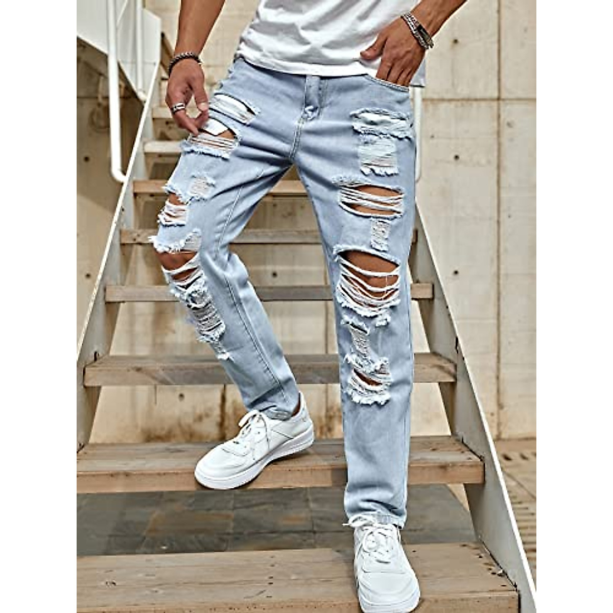 WDIRARA Men's High Waisted Ripped Skinny Jeans Long Denim Pants with Pocket Light Wash S