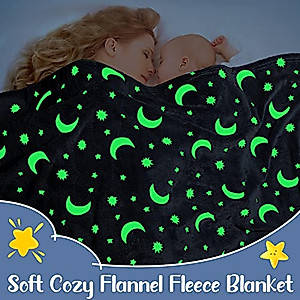 Chumia 2 Pieces Glow in The Dark Throw Blanket Flannel Fleece Blanket Soft Warm Cozy Kid Throw Blanket for Boys Girls, 47 x 59 Inch (Moon, Star)