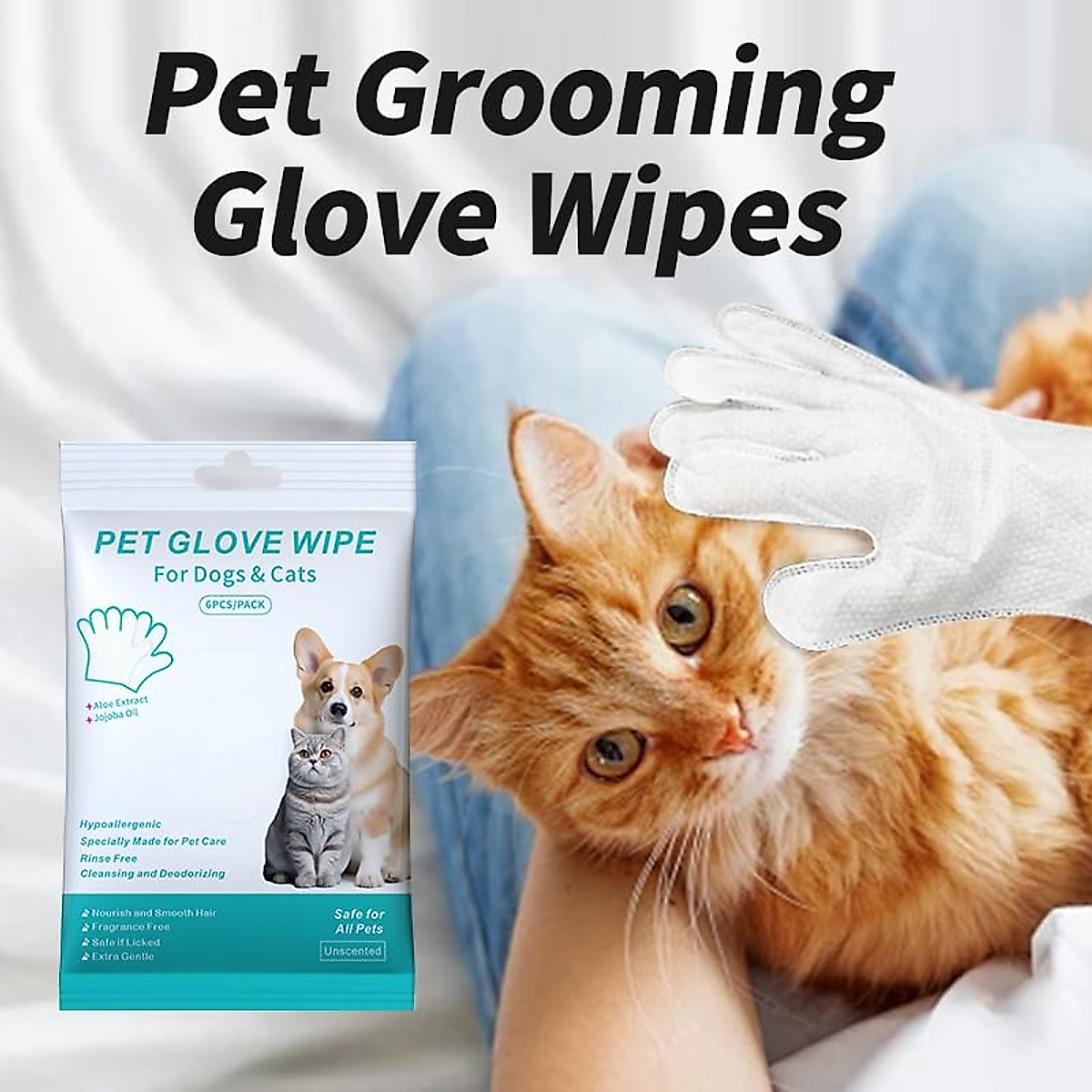 Pet Glove Wipe, Cleaning Glove for Dog and Cat, Fur Face, Ear, Eye, Paws Cleaning Wipes, Pet Wash Free Gloves, Cleaning Grooming Wipes for Daily Care and Traveling, No Rinse, Gentle, Thickened, 6PCS