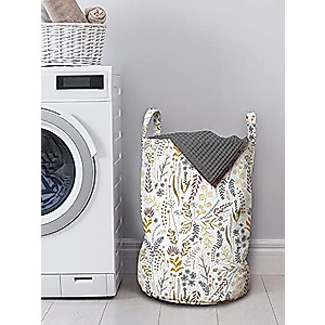 Lunarable Dandelion Laundry Bag, Autumn Aura Herb Floral Plants Leaves Wild Meadow Repetitive Pattern, Hamper Basket with Handles Drawstring Closure for Laundromats, 13" x 19", White and Multicolor