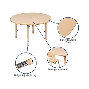 Flash Furniture 33" Round Natural Plastic Height Adjustable Activity Table Set with 2 Chairs