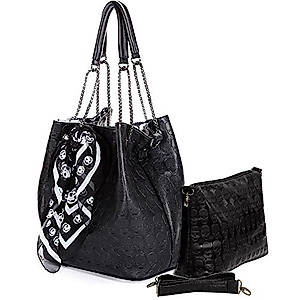 BelonYou Women's 2Pcs kull Purses and Handbag Punk Gothic Hobo Tote Shoulder Bag PU Leathe Black Crossbody Bag Satchels