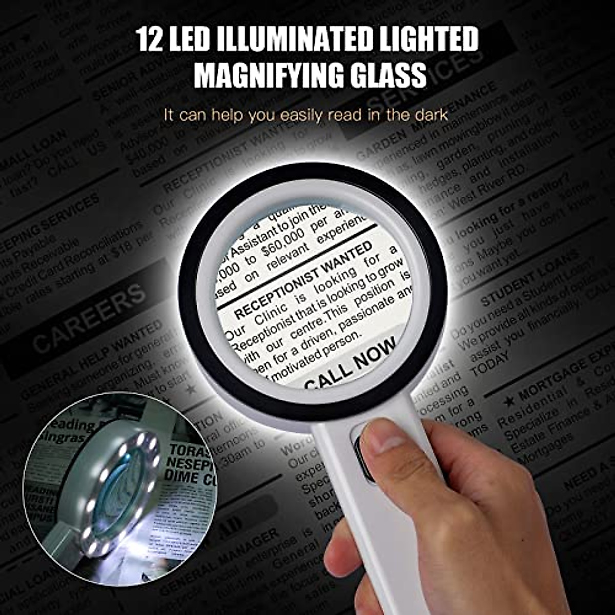Magnifying Glass with Light, 30X Handheld Magnifying Glass, 12 LED Illuminated Lighted Magnifier for Low Vision Seniors Reading, Macular Degeneration, Soldering, Inspection, Coins, Jewelry, Exploring