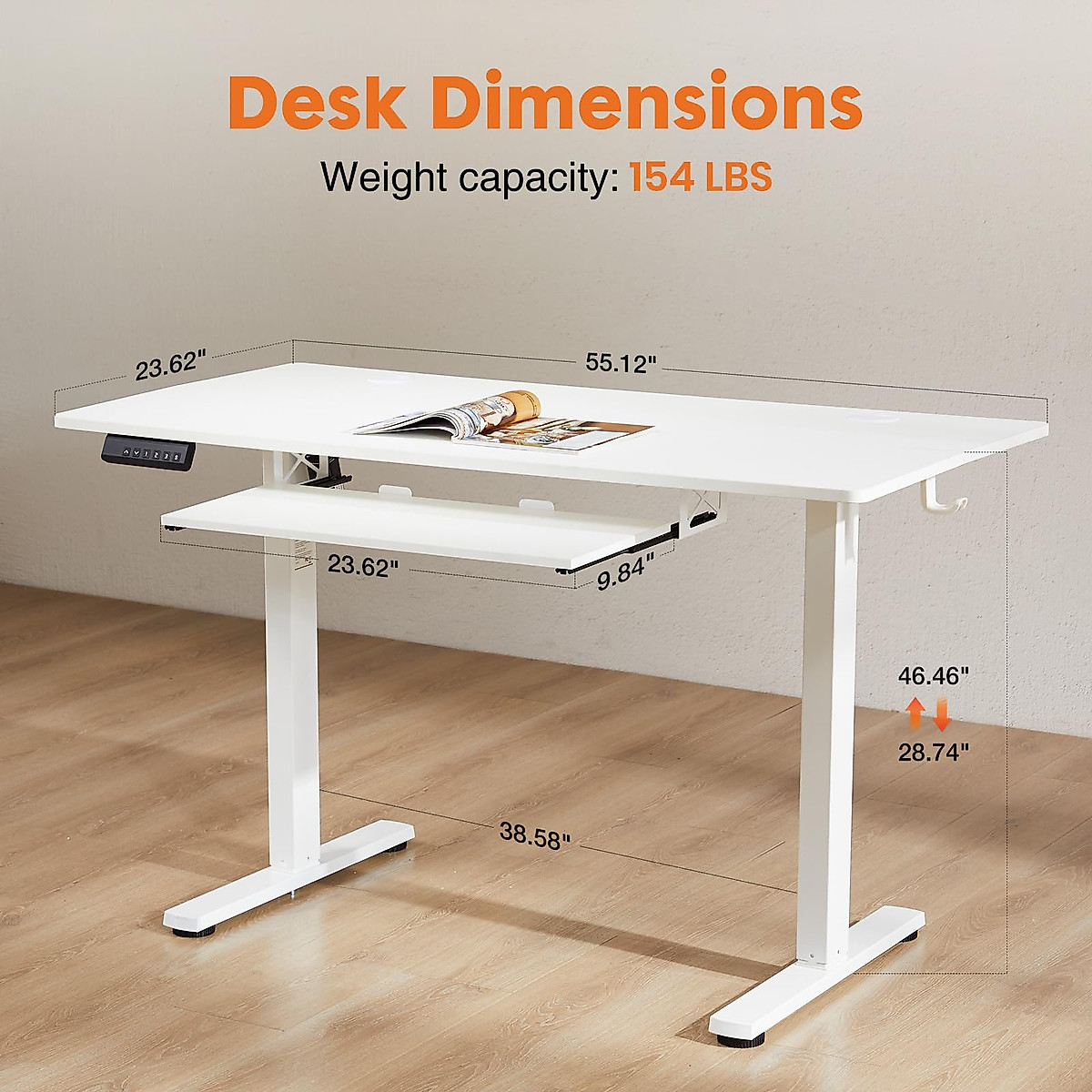 Sweetcrispy Standing Desk with Keyboard Tray, Ergonomic Height Adjustable Desk with 3 Memory Presets, 55 x 24'' Stand Up Desk Electric Standing Desk Adjustable Height, Computer Desk Home Office-White