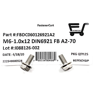 M6-1.00 x 12 Stainless Steel Flange Bolt DIN 6921 A2 (25 Pieces) M6x12