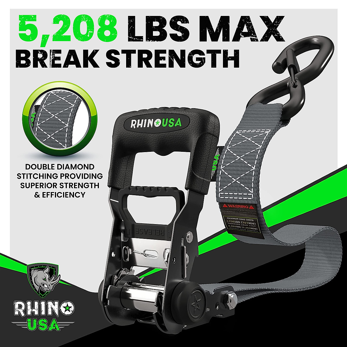 Rhino USA Ratchet Straps Tie Down Kit, 5,208 Break Strength - includes (2) Heavy Duty 1.6" x 8' Rachet Tiedowns with Padded Handles & Coated Chromoly S Hooks + (2) Soft Loop Tie-Downs