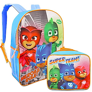 PJ Masks School Backpack With Lunch Box For Kids ~ 4 Pc Bundle With 16" PJ Masks School Bag, Lunch Bag, Stickers, And More Featuring Catboy, Owlette, And Gekko