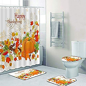 Moresave Autumn Thanksgiving Shower Curtain Sets,Maple Leaf Pumpkin Sunflowers 4PCS Bathroom Toilet Set