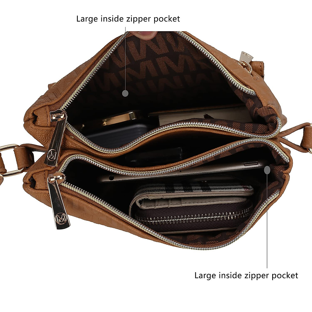 MKF Crossbody Bag for Women – PU Leather Pocketbook Handbag Triple Compartment Messenger Purse – Shoulder Strap