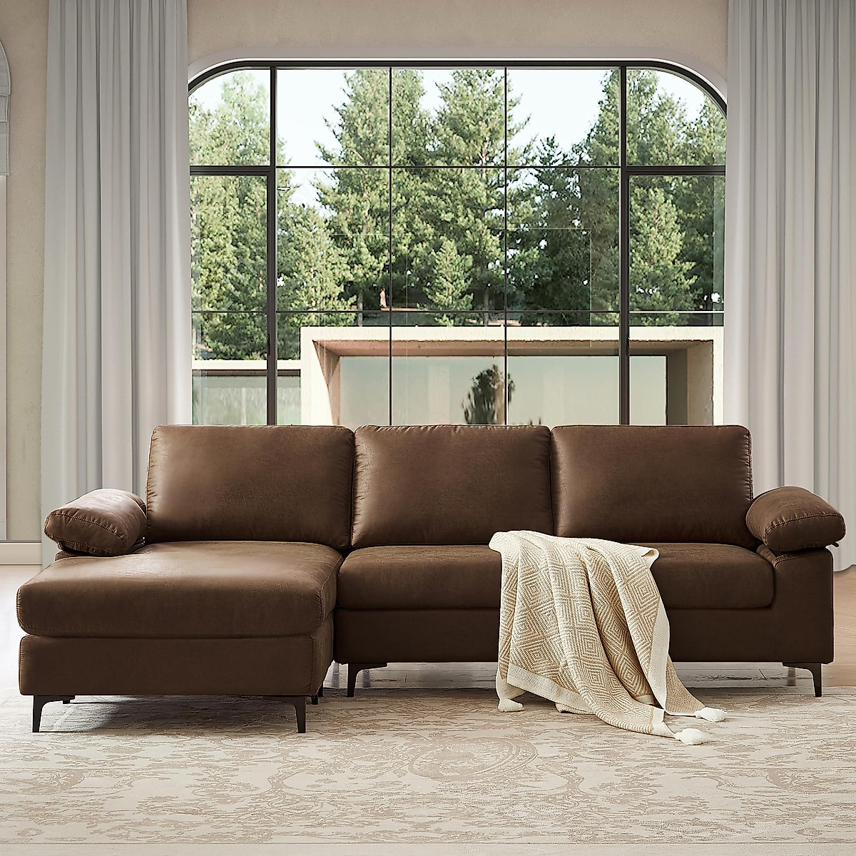 100.8" Sectional Sofa,Faux Leather Couch with Reversible Chaise,Mid-Century L Shaped Sofa Couch for Living Room, Apartment,Office (Dark Brown, Loveseat)