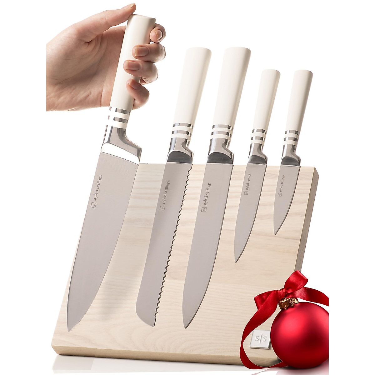 White Knife Set with Magnetic Knife Holder Stand - 6 PC White Magnetic Knife Set Includes White Handle Knife Set with Ashwood Magnetic Knife Block - White Kitchen Accessories, White Kitchen Decor