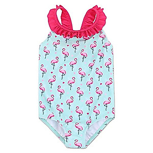 Dreamwave Flamingo Toddler Girls Swimsuit Set: Rash Guard Bikini Skirt One-Piece Pink/Blue 4T
