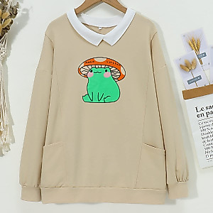 IZYJOY Women Frog Mushroom Graphic Sweatshirt Long Sleeve Loose Aesthetic Tees Pullover Teen Girls Kawaii Lightweight Shirts Top(Beige,M)
