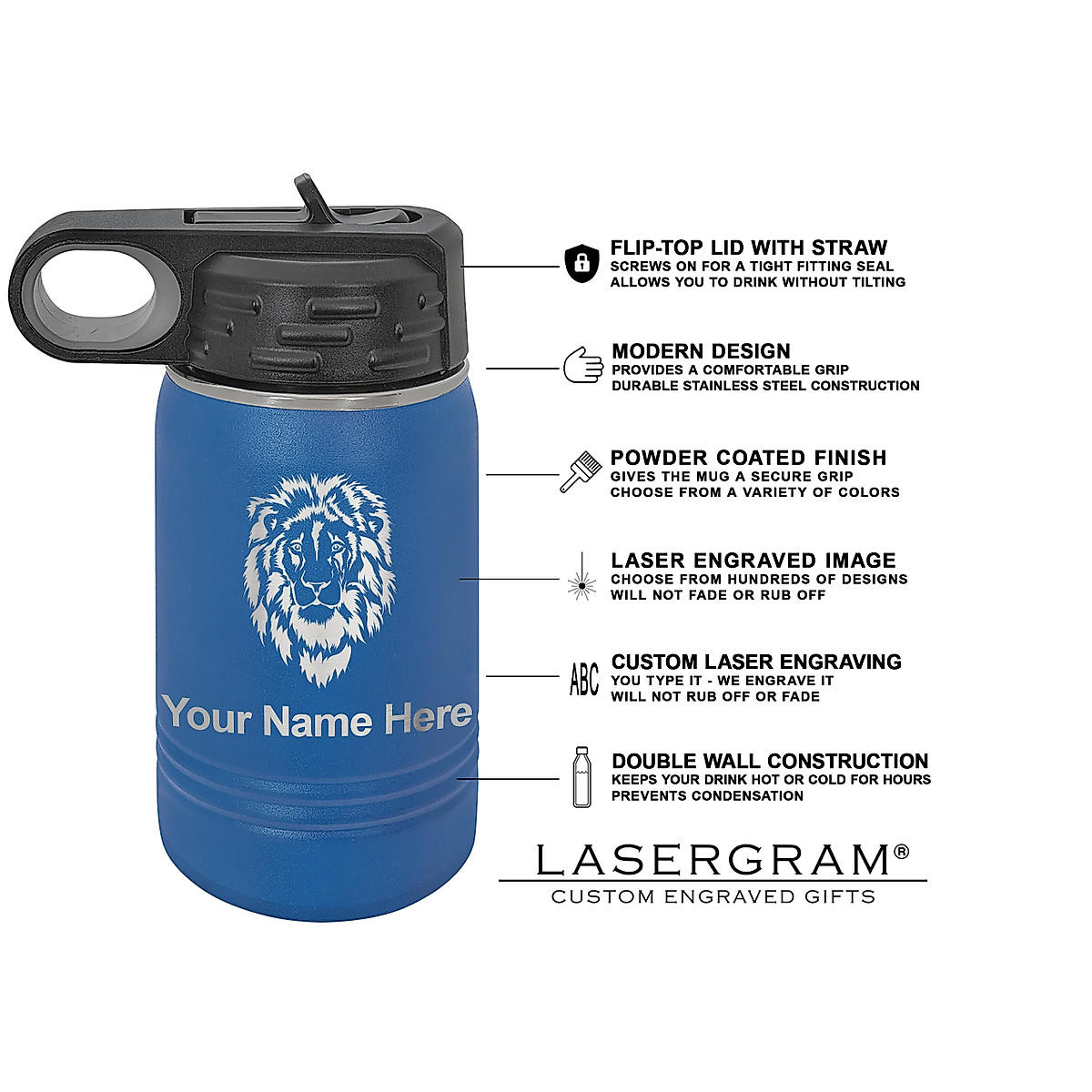 LaserGram Personalized Water Bottle, Gymnast Man, Stainless Steel Double Wall Vacuum Insulated with Flip Top Straw, Custom Engraved Gift (12oz / 335ml Dark Blue)