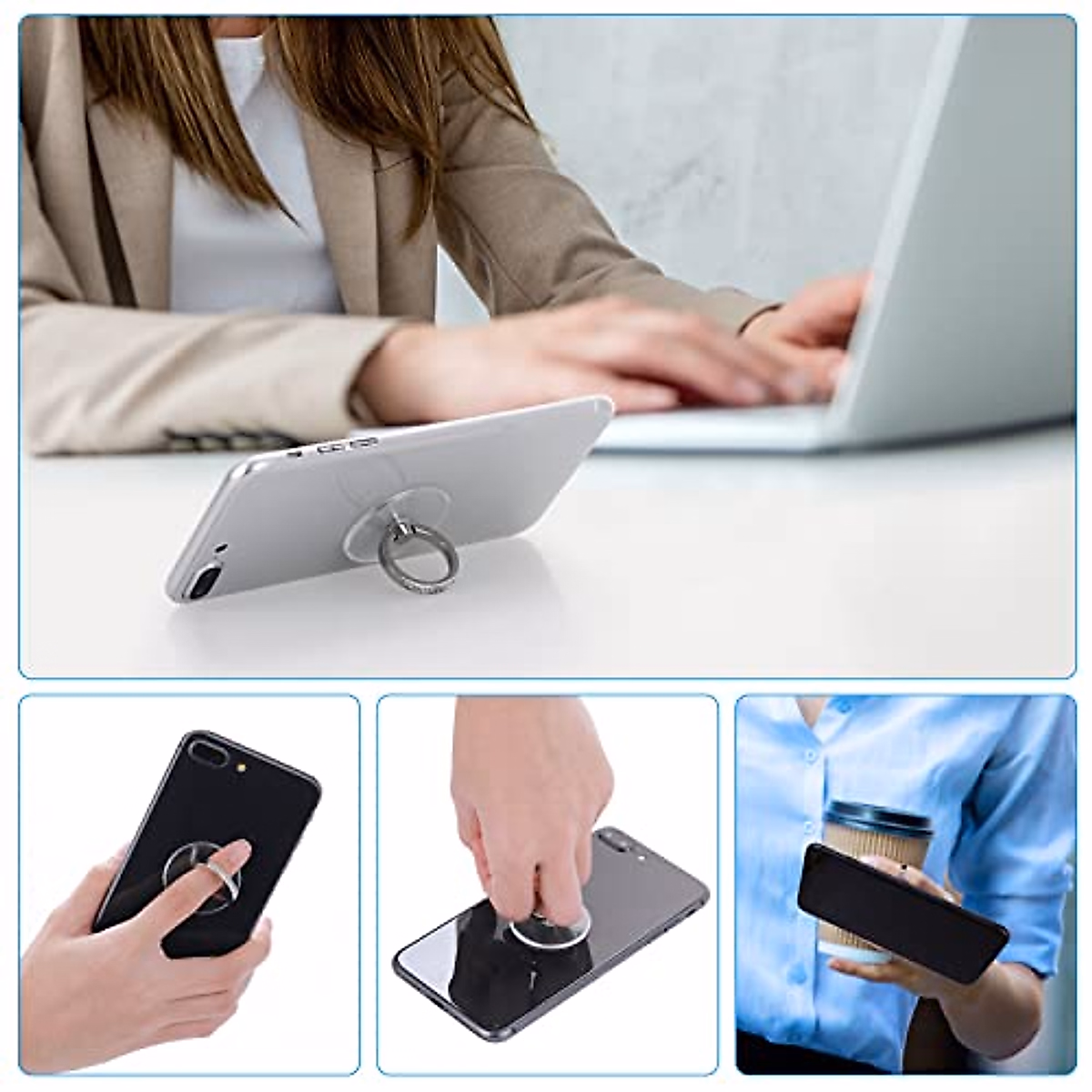 cobee Cell Phone Ring Stands, 2 Pcs 180/360 Degree Rotation Finger Kickstand Round Transparent Phone Ring Holders with Diamond Glitter Finger Mount with Grip for Most Smartphones(Round-Style)