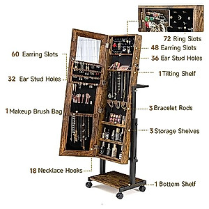 Lavievert LED Mirror Jewelry Cabinet with 4 Wheels, 47.2" Full Length Mirror with 3 Color Lights, Lockable Jewelry Armoire with Built-in Mirror, Bottom Shelf, 3 Adjustable Angles & Height - Brown