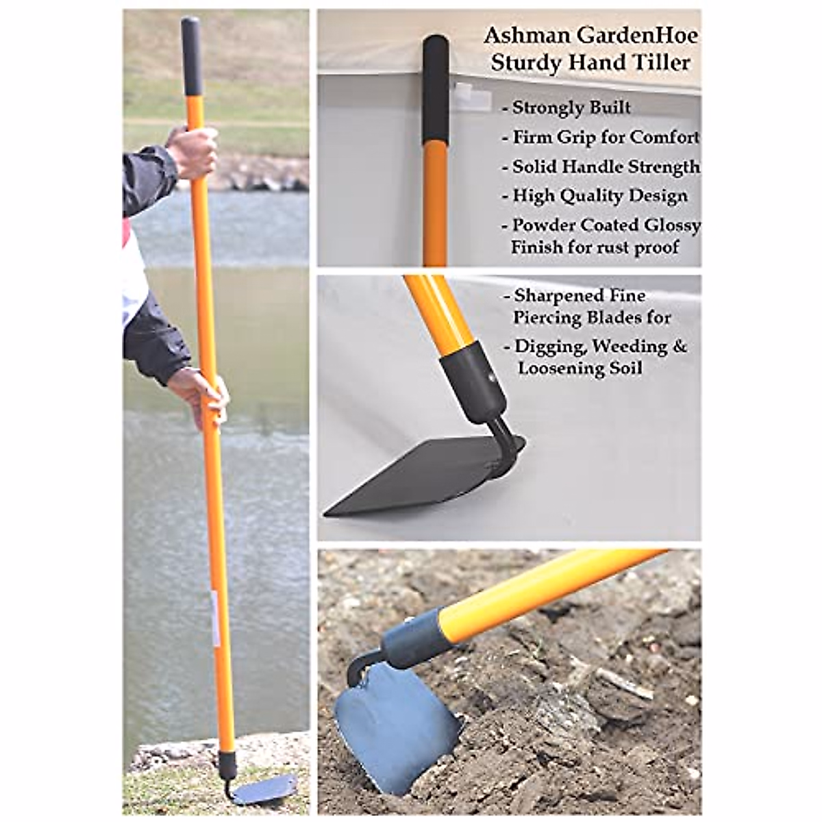 Ashman Garden Hoe (1 Pack)– Sturdy Hand Tiller – Heavy Duty Blade for Digging, Loosening Soil, and Weeding – Rubber Grip Handle for a Strong Hold – Rust Resistant Build.