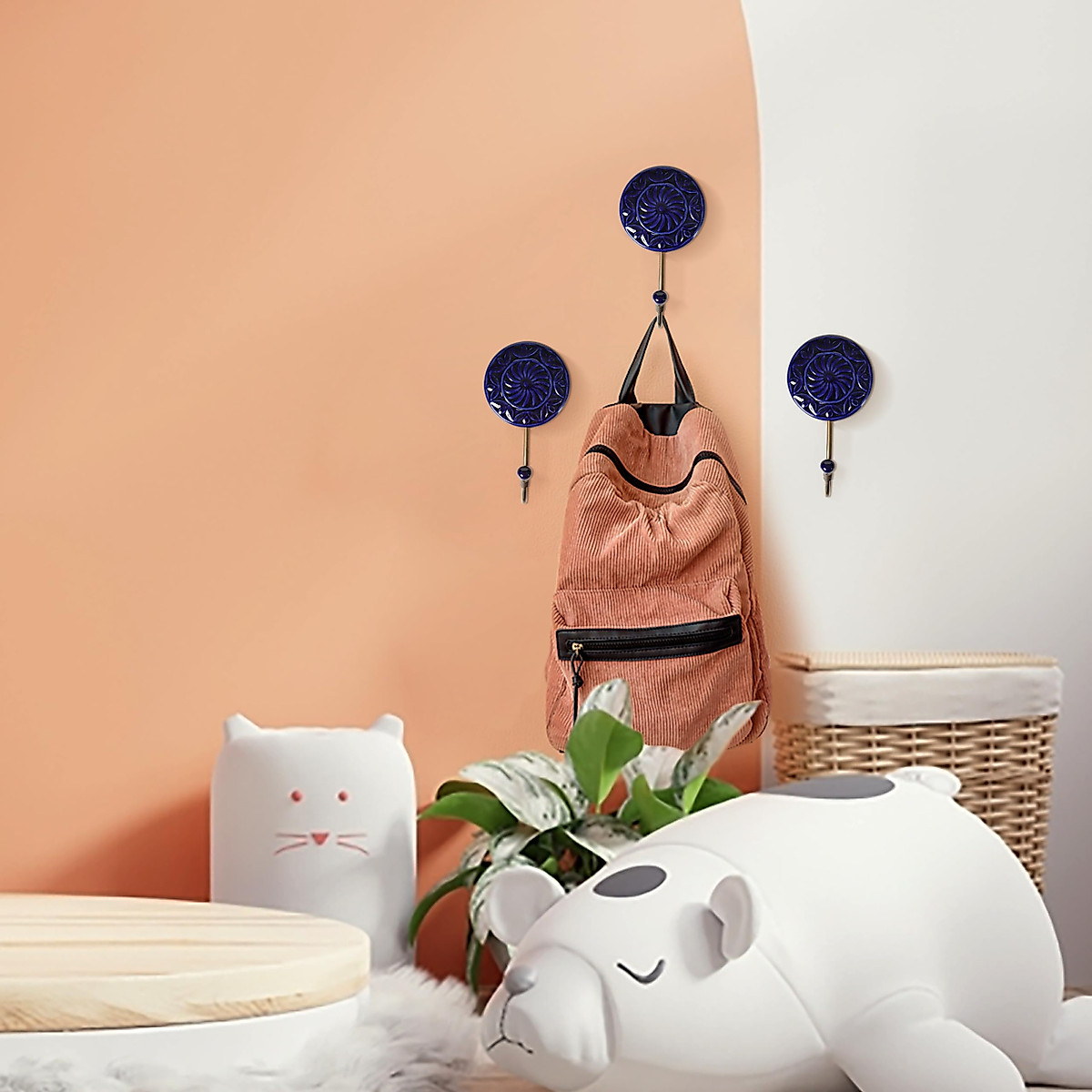 Alpha Living Home Set of 3 Ceramic Wall Coat Hooks, Round Decorative Robe Hook, Scarf, Bag, Towel, Hat etc for Kitchen Bathroom Office Farmhouse Wall Mounted Hanging - Antiue Royal Blue